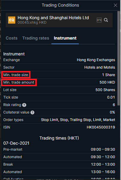 Where do I see the minimum trade amount, lot size, trading times etc ...